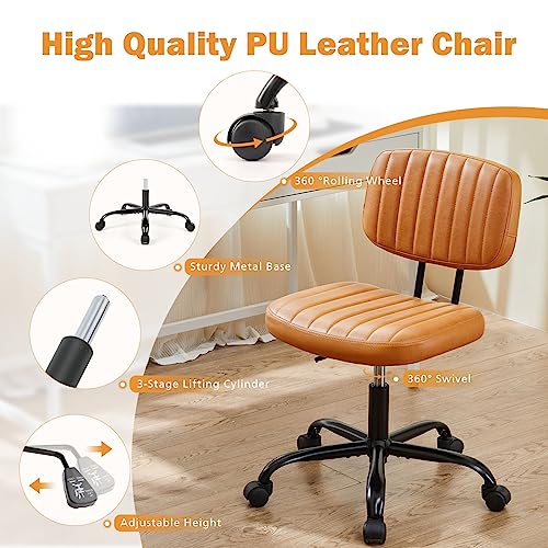 OLIXIS Armless Home Office Desk Chair with PU Leather Low Back Lumbar Support and Wheels, Height Adjustable No Arms for Bedroom, Study Small Space, Brown