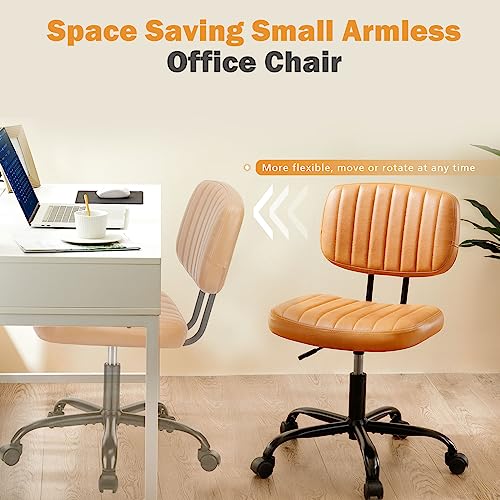 OLIXIS Armless Home Office Desk Chair with PU Leather Low Back Lumbar Support and Wheels, Height Adjustable No Arms for Bedroom, Study Small Space, Brown