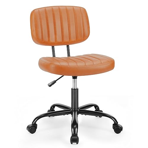 OLIXIS Armless Home Office Desk Chair with PU Leather Low Back Lumbar Support and Wheels, Height Adjustable No Arms for Bedroom, Study Small Space, Brown