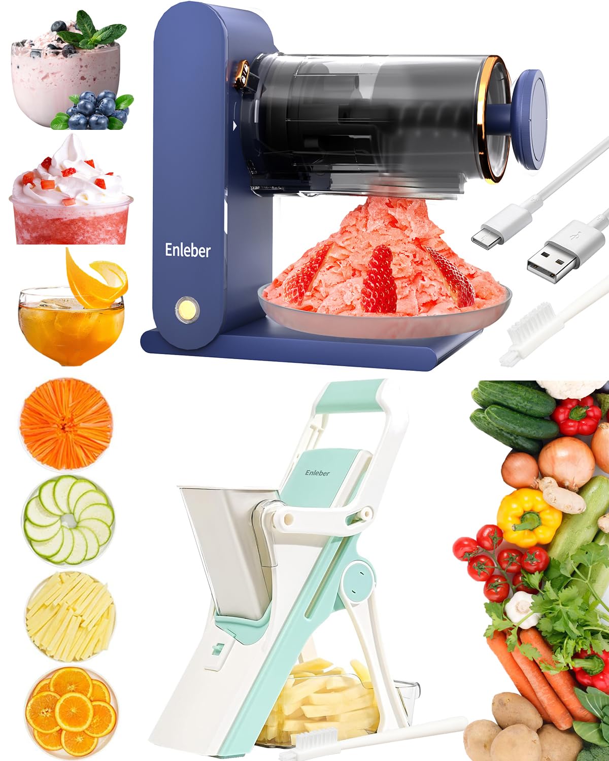 Electric Shaved Ice Machine bundle with Safe Mandoline Slicer,Rechargeable Snow Cone Machine with 2 Silicone Ice Mold, Multifunctional 6 in 1 Food Chopper