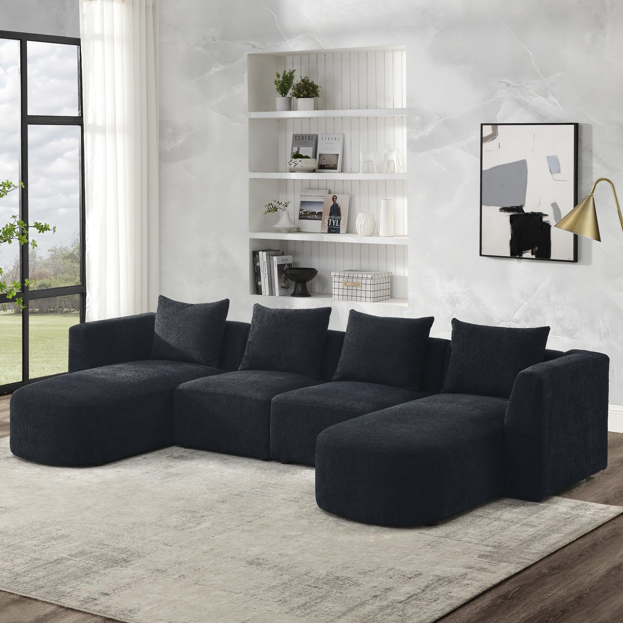 Melpomene 117 "Minimalist Upholstery Boucle Fabric U-Shape Modular Sectional Sofa Couch,Curved Sofa Includes 2 Single Chair 2 Chaise Longue,Living Room Furniture Set,Black