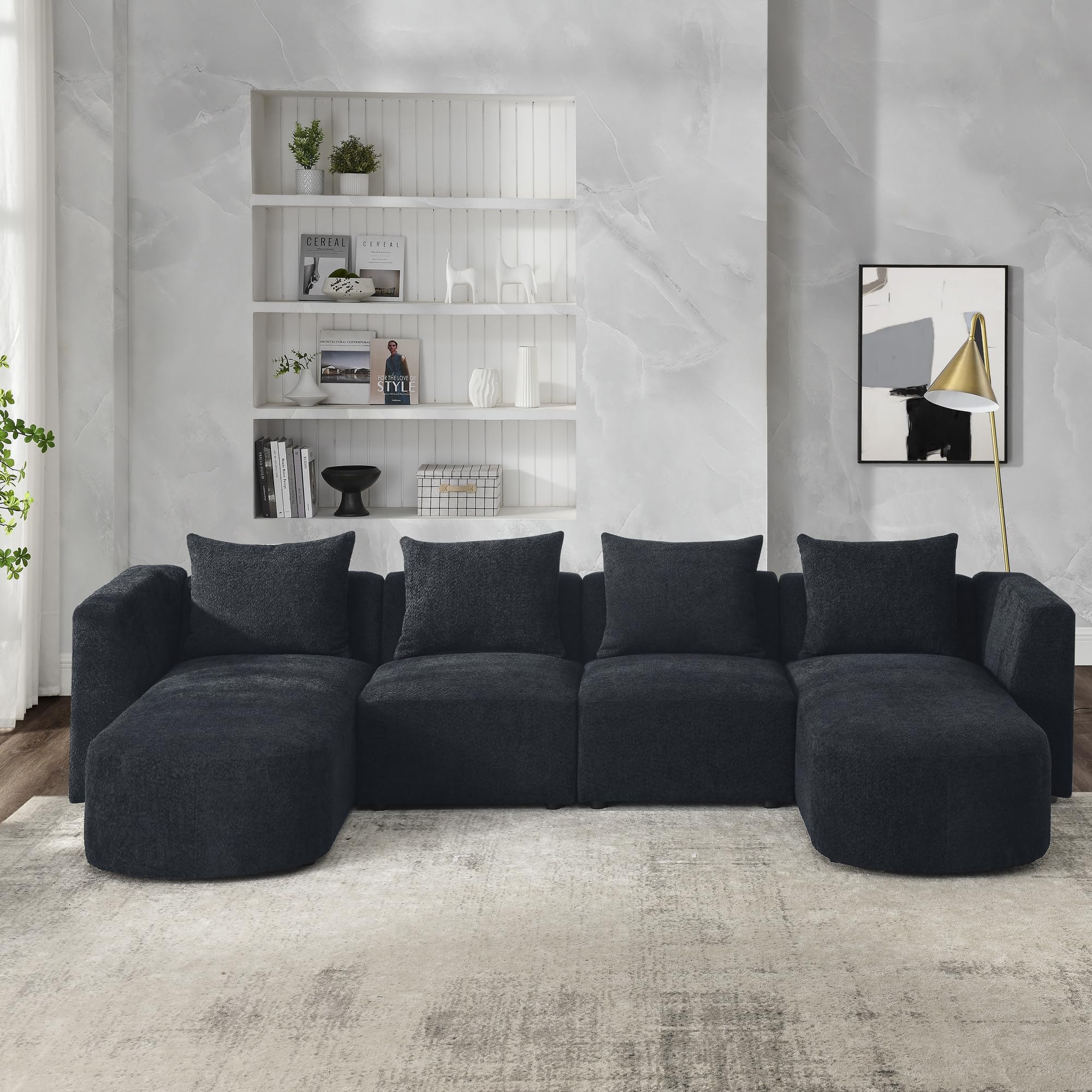 Melpomene 117 "Minimalist Upholstery Boucle Fabric U-Shape Modular Sectional Sofa Couch,Curved Sofa Includes 2 Single Chair 2 Chaise Longue,Living Room Furniture Set,Black