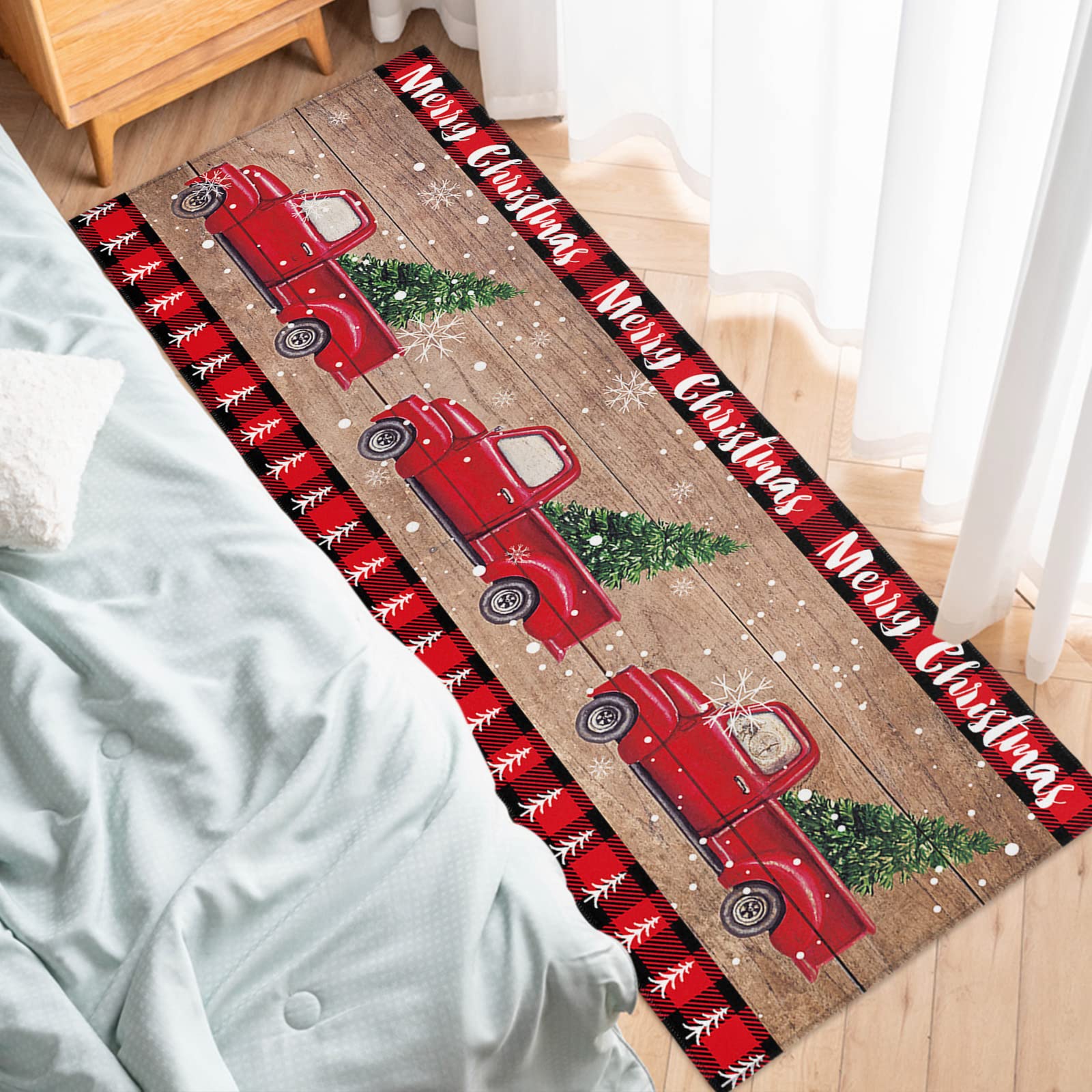 Libaoge Merry Christmas Kitchen Rugs and Mats Set of 1 Red Truck Pull Xmas Tree on Rustic Wood Grain Kitchen Sink Mat,Non-Slip Area Runner Rug,Washable Floor Mat for Home Dining Room Office 15"x47"