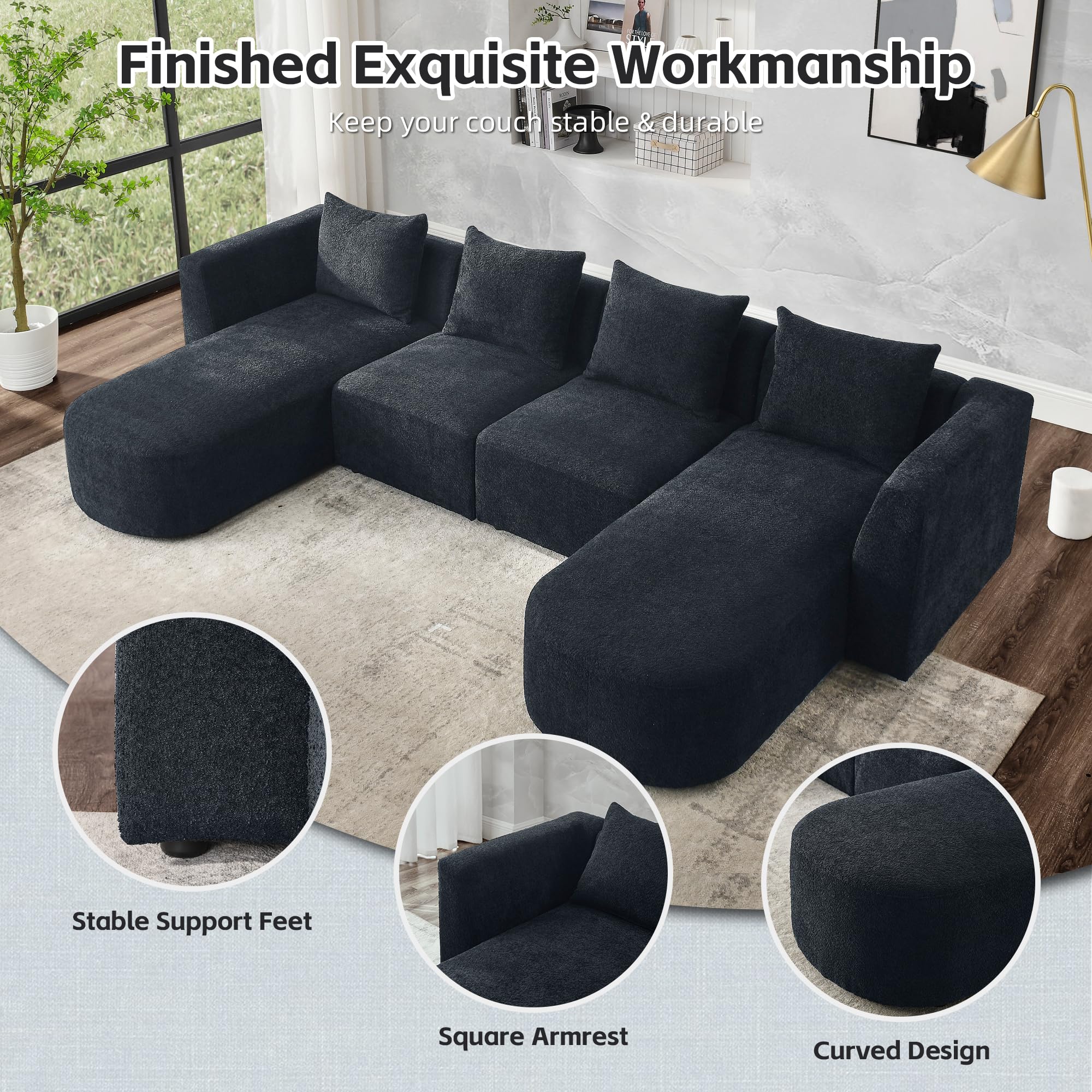 Melpomene 117 "Minimalist Upholstery Boucle Fabric U-Shape Modular Sectional Sofa Couch,Curved Sofa Includes 2 Single Chair 2 Chaise Longue,Living Room Furniture Set,Black