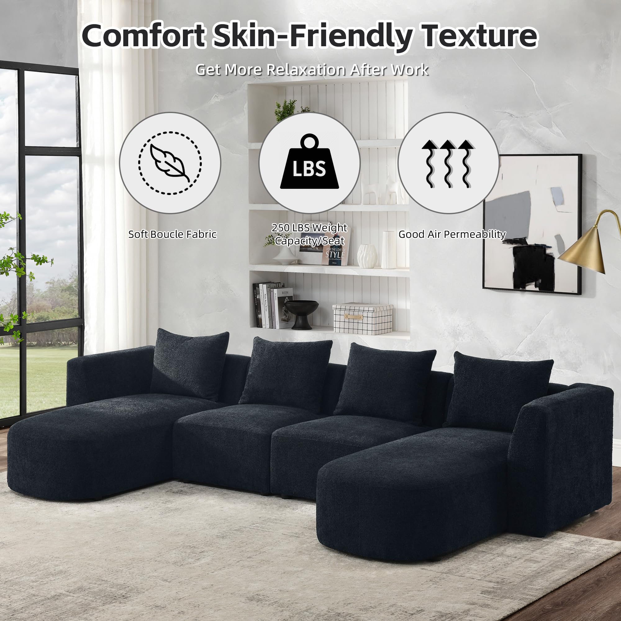 Melpomene 117 "Minimalist Upholstery Boucle Fabric U-Shape Modular Sectional Sofa Couch,Curved Sofa Includes 2 Single Chair 2 Chaise Longue,Living Room Furniture Set,Black