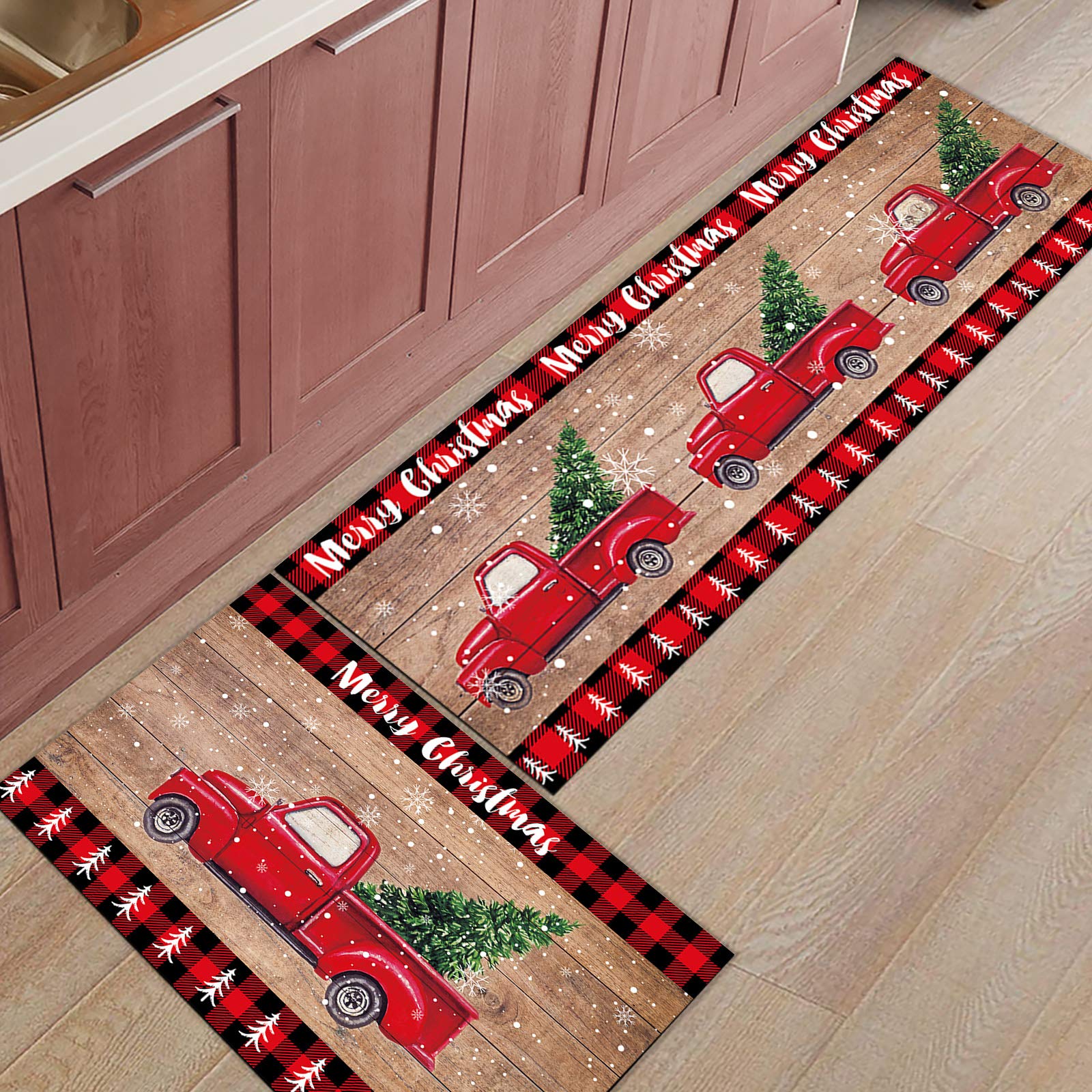 Libaoge Merry Christmas Kitchen Rugs and Mats Set of 1 Red Truck Pull Xmas Tree on Rustic Wood Grain Kitchen Sink Mat,Non-Slip Area Runner Rug,Washable Floor Mat for Home Dining Room Office 15"x47"