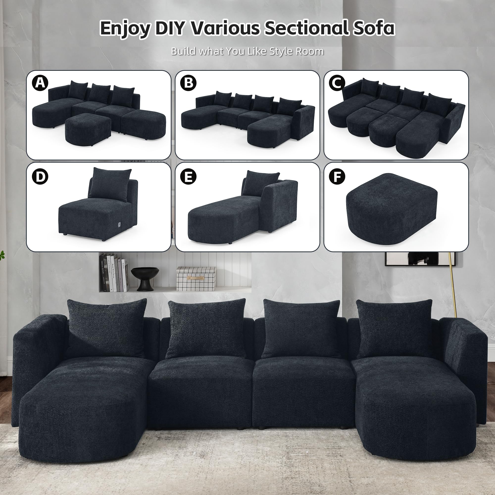 Melpomene 117 "Minimalist Upholstery Boucle Fabric U-Shape Modular Sectional Sofa Couch,Curved Sofa Includes 2 Single Chair 2 Chaise Longue,Living Room Furniture Set,Black