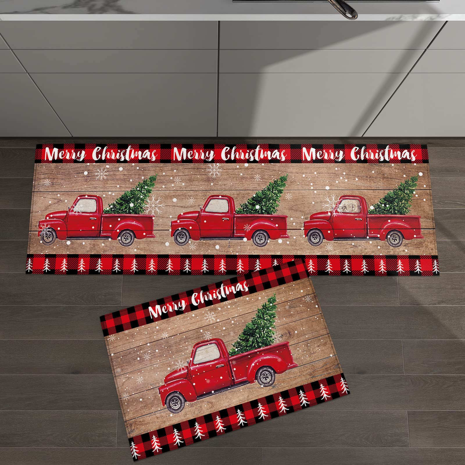 Libaoge Merry Christmas Kitchen Rugs and Mats Set of 1 Red Truck Pull Xmas Tree on Rustic Wood Grain Kitchen Sink Mat,Non-Slip Area Runner Rug,Washable Floor Mat for Home Dining Room Office 15"x47"