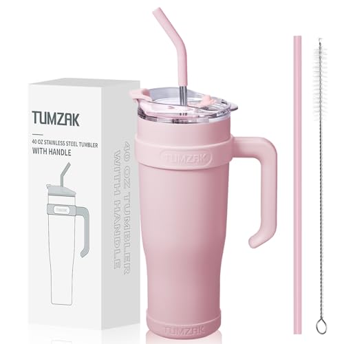 Tumzak 40oz Tumbler with Handle and Straw Lid Double Wall Vacuum Insulated Stainless Steel Travel Mug Tumbler Resuable Leak-proof Water Bottle for Iced Coffee (Pink)