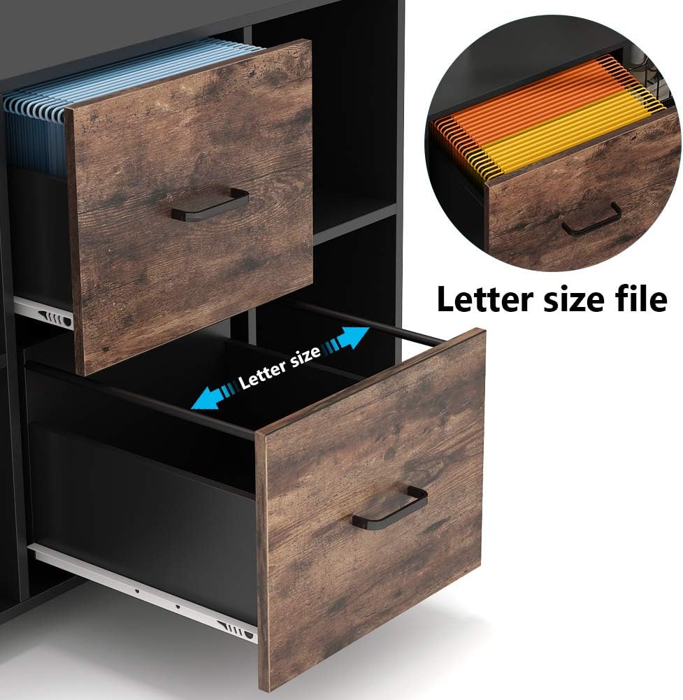 Tribesigns 2 Drawer File Cabinet, Large Mobile Lateral Filing Cabinet for Letter Size, Printer Stand with Storage Shelves and Rolling Wheels for Home Office (Black/Rustic)