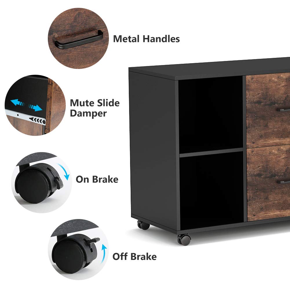 Tribesigns 2 Drawer File Cabinet, Large Mobile Lateral Filing Cabinet for Letter Size, Printer Stand with Storage Shelves and Rolling Wheels for Home Office (Black/Rustic)
