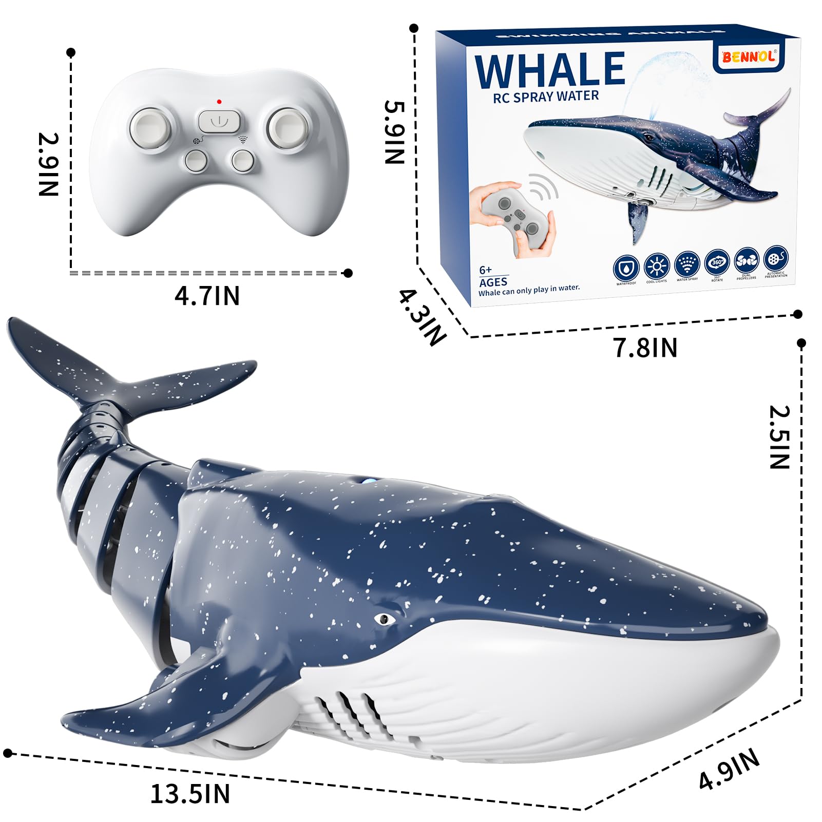 2.4Ghz Remote Control Whale Shark Toys for Boys Kids, 1:18 Scale High Simulation Whale Shark for Pool, Electric RC Whale Shark Fish Toys with Light & Spray Water Function for 4 5 6 7 8 9 Year olds Kid