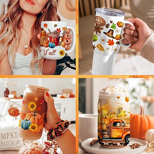 Cysincos 9 Sheets Waterproof Glass Cups UV DTF Transfer Stickers DIY Decals Rub on Transfers for Wood Furniture Craft (Thanksgiving Day-9pcs)