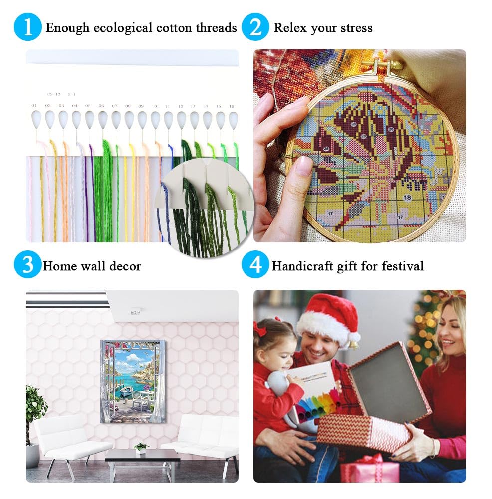 Landscape Beach Stamped Cross Stitch Kits - Colorful 11CT Printed Easy Pattern Needlepoint Kits Embroidery Crafts for Adults Beginners Gift 12x16 Inch