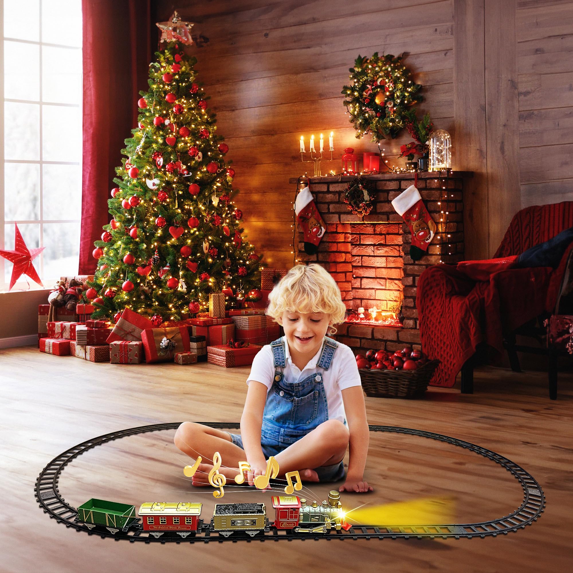 Train Set - Christmas Train Toys, Battery-Powered Locomotive Engine with Sound and Lights, Cargo Cars & 10 Tracks, Toy Train Sets for Boys Age 3 4 5 6