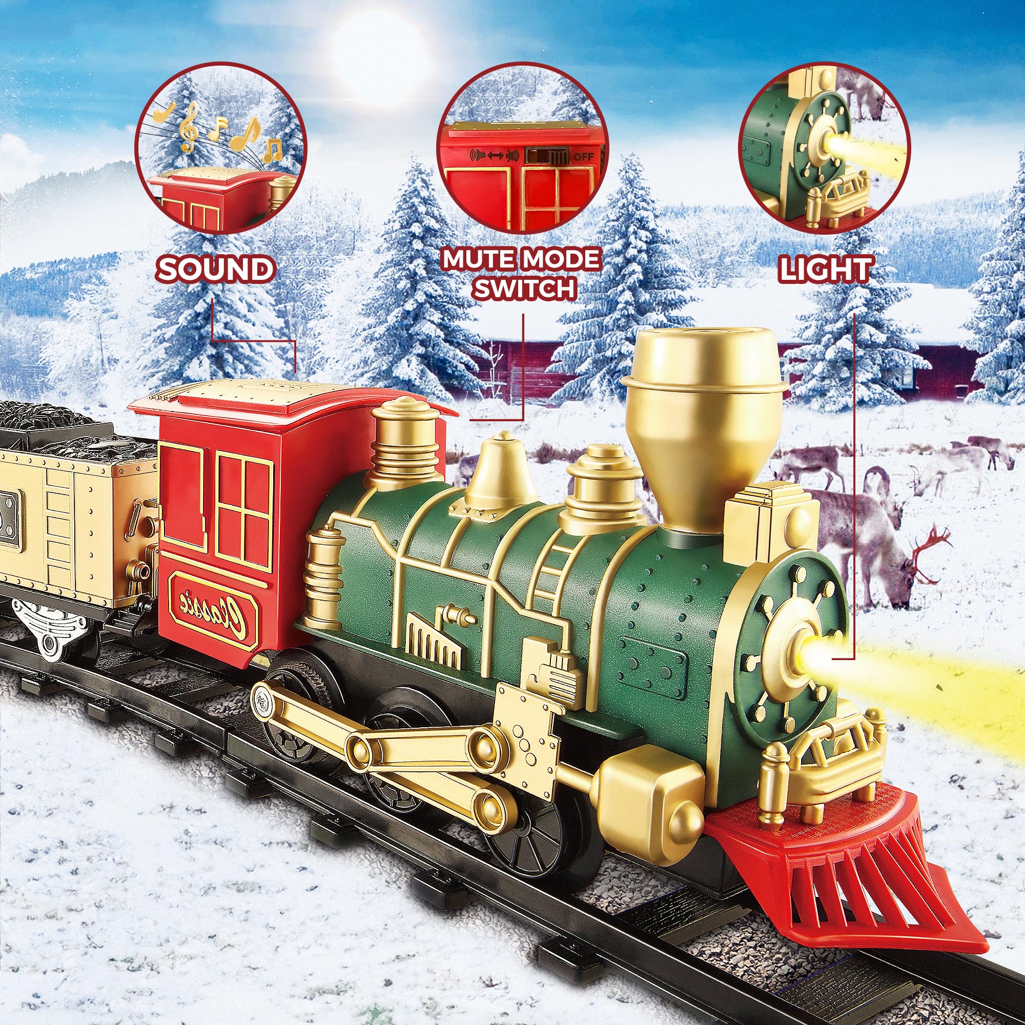 Train Set - Christmas Train Toys, Battery-Powered Locomotive Engine with Sound and Lights, Cargo Cars & 10 Tracks, Toy Train Sets for Boys Age 3 4 5 6