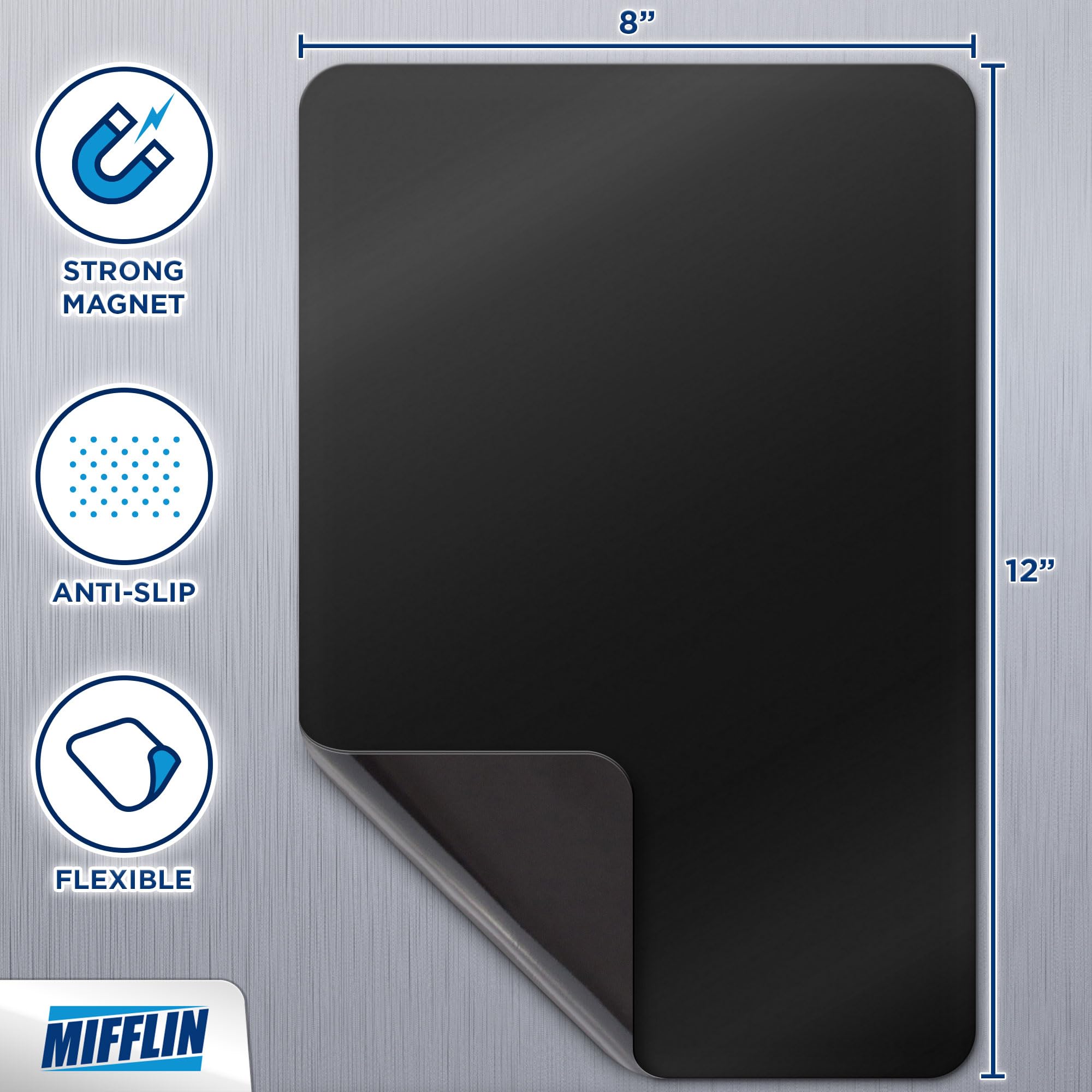 Mifflin-USA Magnetic Dry Erase Black Board Sheet for Fridge (12 x 8), Stain-Resistant Refrigerator Blackboard Organizer, Kitchen Planner Board w/ 4 Fine-Tipped Markers & Convenient Wipe Cloth