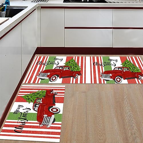 2 Pieces Kitchen Rugs and Mats Set, Christmas Truck Xmas Tree Red Green Stripe Kitchen Mats Cushioned Floormat Non Slip Runner Rug Set for Kitchen Laundry Entryway Decor, 15.7"x23.6"+15.7"x47.2"