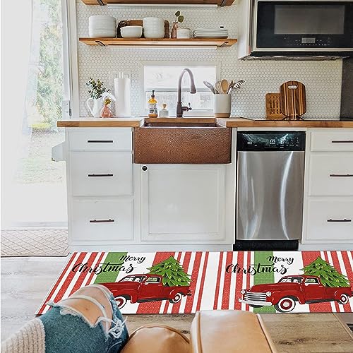 2 Pieces Kitchen Rugs and Mats Set, Christmas Truck Xmas Tree Red Green Stripe Kitchen Mats Cushioned Floormat Non Slip Runner Rug Set for Kitchen Laundry Entryway Decor, 15.7"x23.6"+15.7"x47.2"