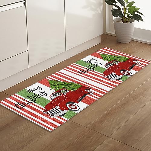 2 Pieces Kitchen Rugs and Mats Set, Christmas Truck Xmas Tree Red Green Stripe Kitchen Mats Cushioned Floormat Non Slip Runner Rug Set for Kitchen Laundry Entryway Decor, 15.7"x23.6"+15.7"x47.2"