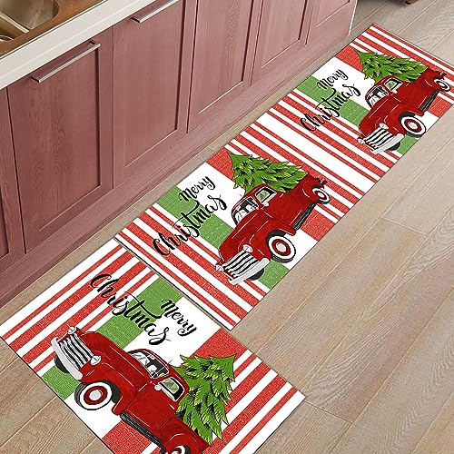 2 Pieces Kitchen Rugs and Mats Set, Christmas Truck Xmas Tree Red Green Stripe Kitchen Mats Cushioned Floormat Non Slip Runner Rug Set for Kitchen Laundry Entryway Decor, 15.7"x23.6"+15.7"x47.2"
