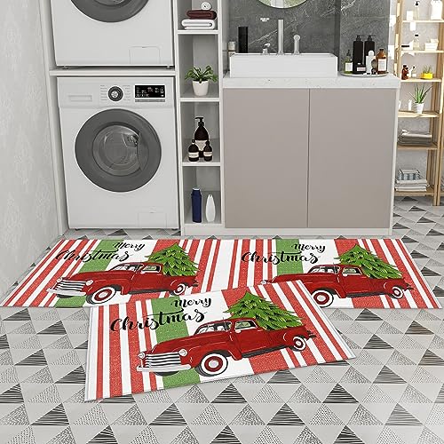 2 Pieces Kitchen Rugs and Mats Set, Christmas Truck Xmas Tree Red Green Stripe Kitchen Mats Cushioned Floormat Non Slip Runner Rug Set for Kitchen Laundry Entryway Decor, 15.7"x23.6"+15.7"x47.2"