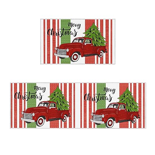 2 Pieces Kitchen Rugs and Mats Set, Christmas Truck Xmas Tree Red Green Stripe Kitchen Mats Cushioned Floormat Non Slip Runner Rug Set for Kitchen Laundry Entryway Decor, 15.7"x23.6"+15.7"x47.2"