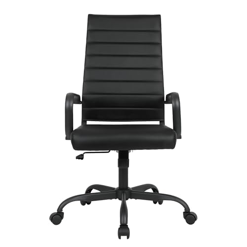 LANDSUN Home Office Chair High Back Executive Chair Ribbed Leather Computer Desk Chair with Armrests Soft Pad Adjustable Height Swivel Conference Black Frame