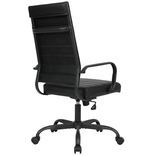 LANDSUN Home Office Chair High Back Executive Chair Ribbed Leather Computer Desk Chair with Armrests Soft Pad Adjustable Height Swivel Conference Black Frame