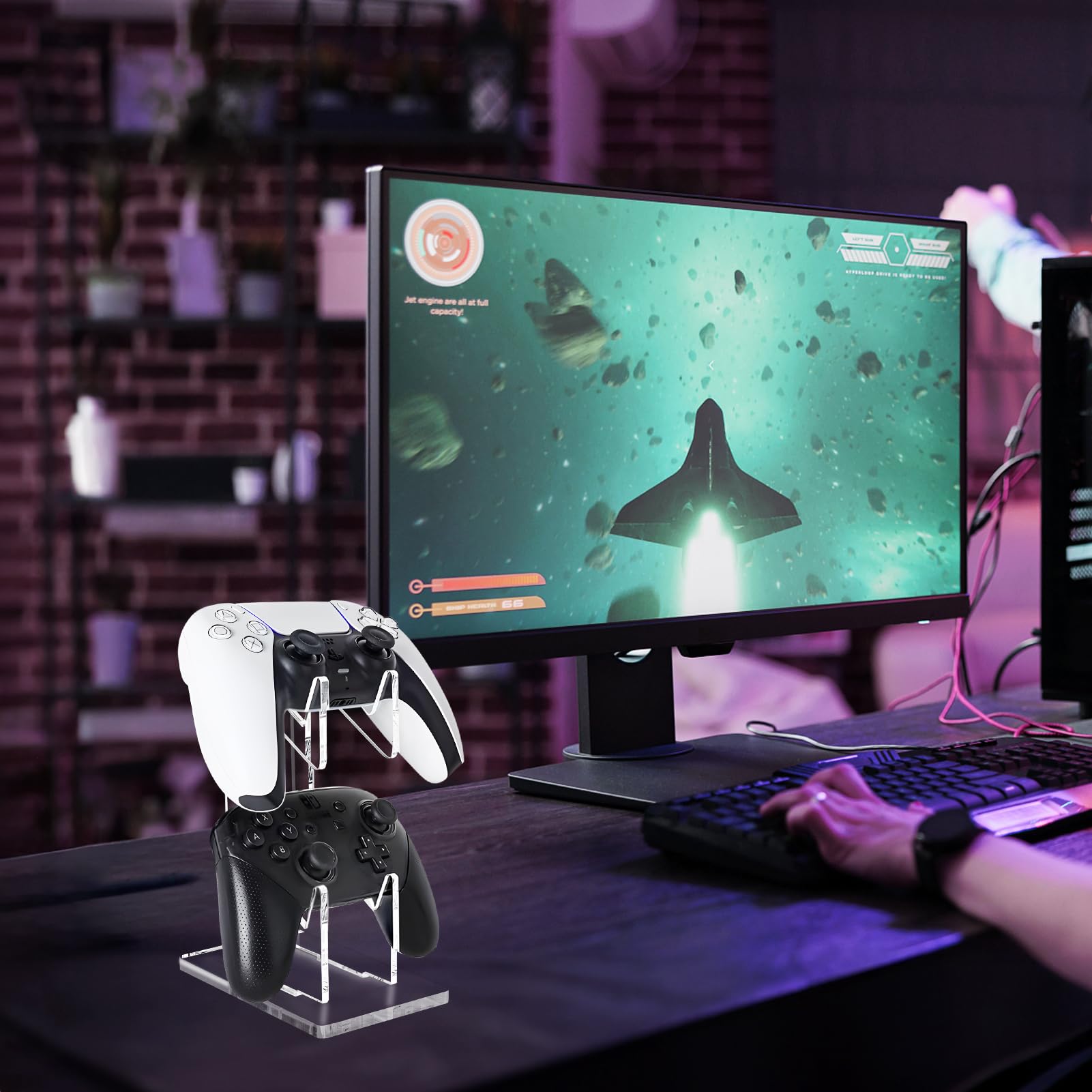 FYY Game Controller Holder 2 Tiers - Universal Dual Controller & Headphone Stand, Acrylic Clear Display Stand Compatible with Nintendo Switch, Xbox, PS5, PS4 - Desk Mounts