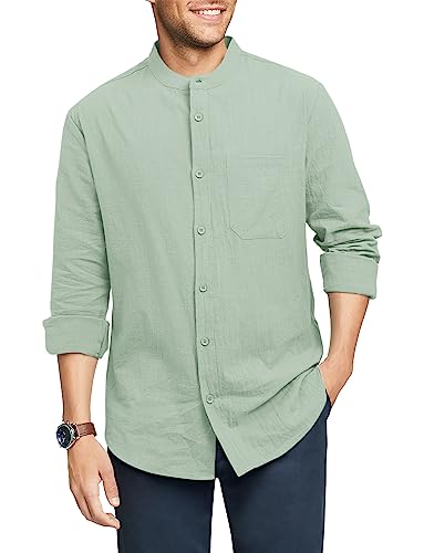 TUREFACE Long Sleeve Button Down Light Green Casual Shirts for Men Dress Cotton Banded Collar Shirt(Light Green,L)