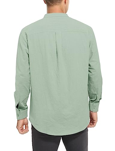 TUREFACE Long Sleeve Button Down Light Green Casual Shirts for Men Dress Cotton Banded Collar Shirt(Light Green,L)