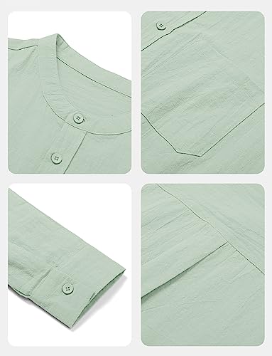 TUREFACE Long Sleeve Button Down Light Green Casual Shirts for Men Dress Cotton Banded Collar Shirt(Light Green,L)