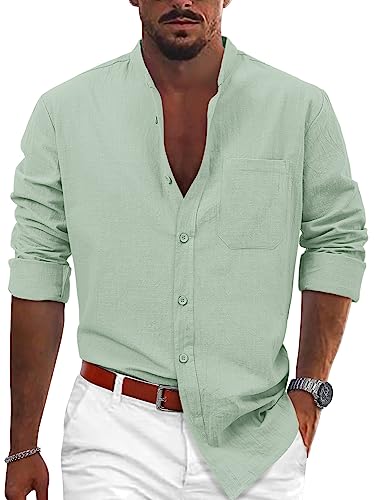 TUREFACE Long Sleeve Button Down Light Green Casual Shirts for Men Dress Cotton Banded Collar Shirt(Light Green,L)
