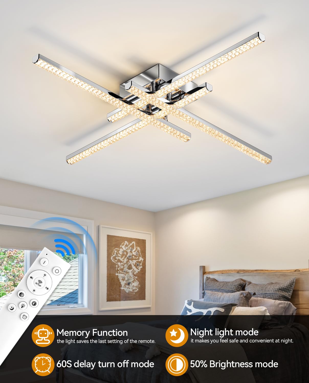 JFHTNFJ 24in Modern LED Ceiling Light, Acrylic Dimmable with Remote Control Flush Mount Ceiling Light Fixture, Silver LED Ceiling Lamp for Bedroom, Kitchen Island, Living Room, 3000K-6500K