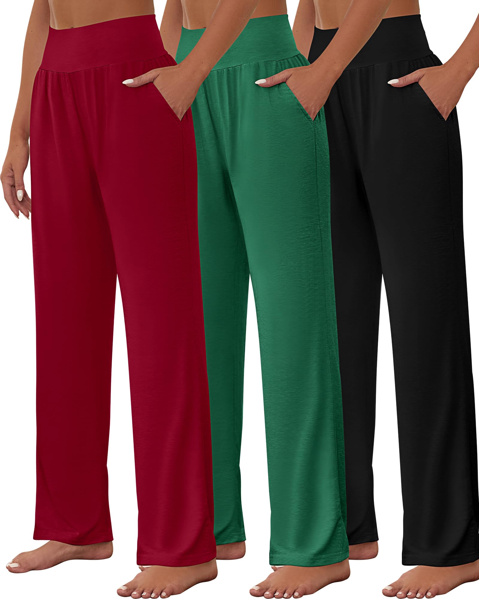 3 Pcs Women's Wide Leg Yoga Pant Comfy Loose Sweatpants High Waist Lounge Casual Athletic Pant Workout Joggers Pant (Black, Green, Red,Medium)