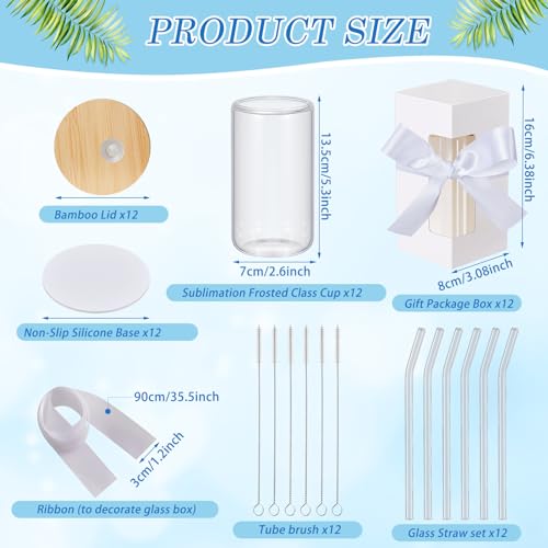 Tioncy 12 Pieces 12 oz Sublimation Glass Blanks Frosted Sublimation Cups with Bamboo Lids and Straws Clear Beer Can Jars with 12 Gift Boxes for Gifts Coffee Juices DIY