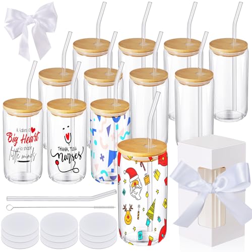 Tioncy 12 Pieces 12 oz Sublimation Glass Blanks Frosted Sublimation Cups with Bamboo Lids and Straws Clear Beer Can Jars with 12 Gift Boxes for Gifts Coffee Juices DIY