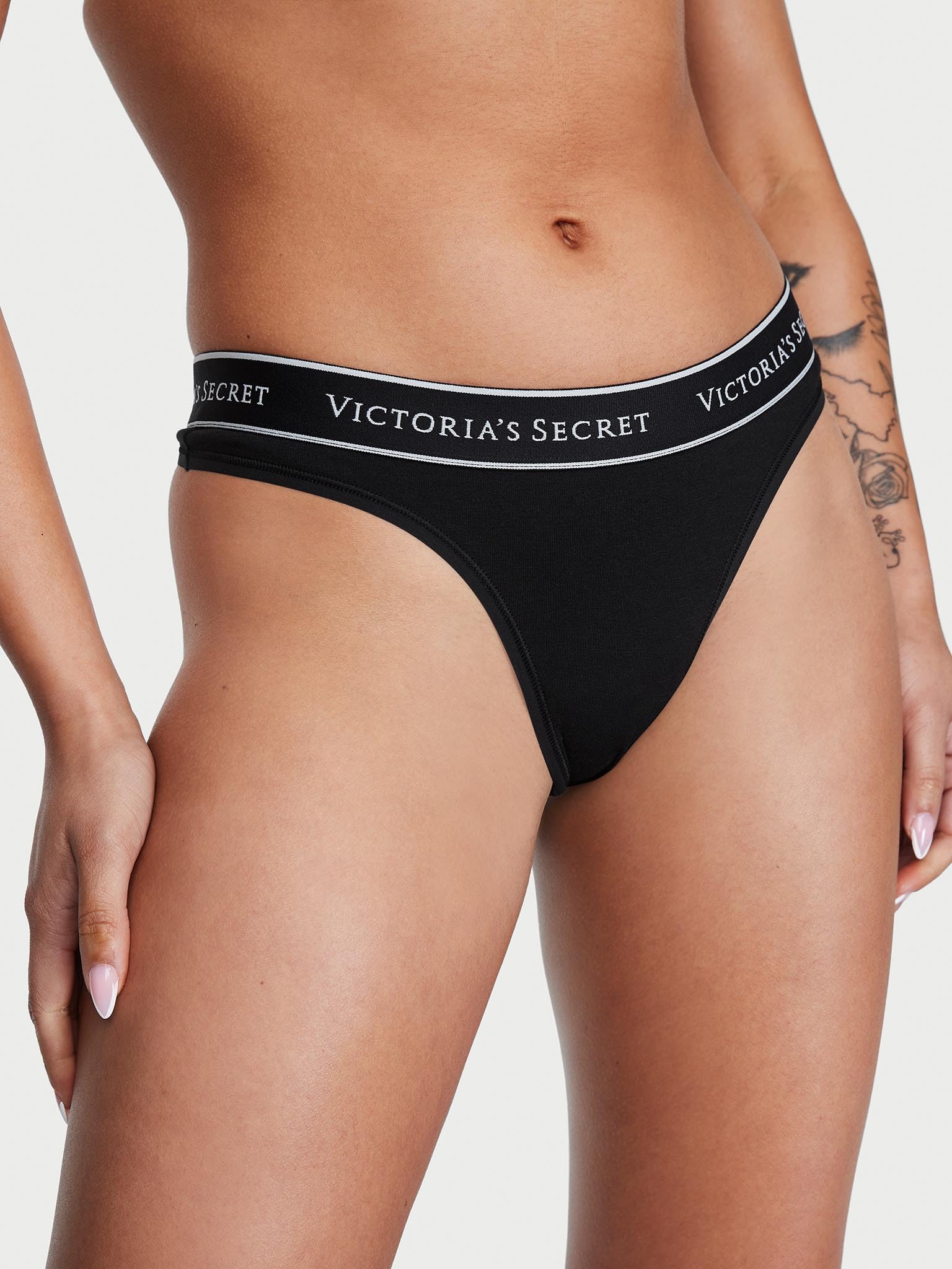 Victoria's Secret Cotton Logo Thong Panty Pack, Underwear for Women, 4 Pack, Black (S)