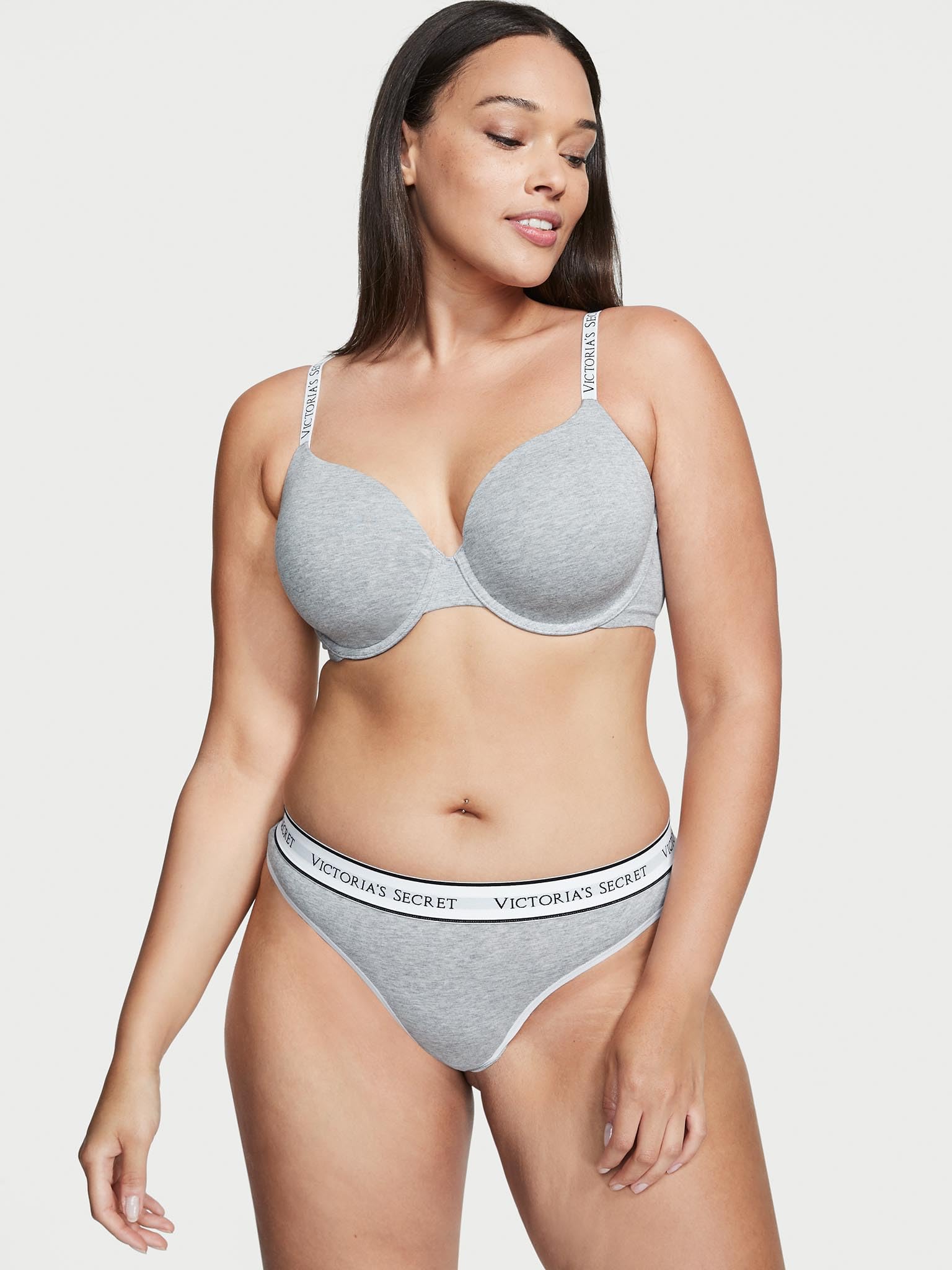 Victoria's Secret Cotton Logo Thong Panty Pack, Underwear for Women, 4 Pack, Medium Heather Grey (L)