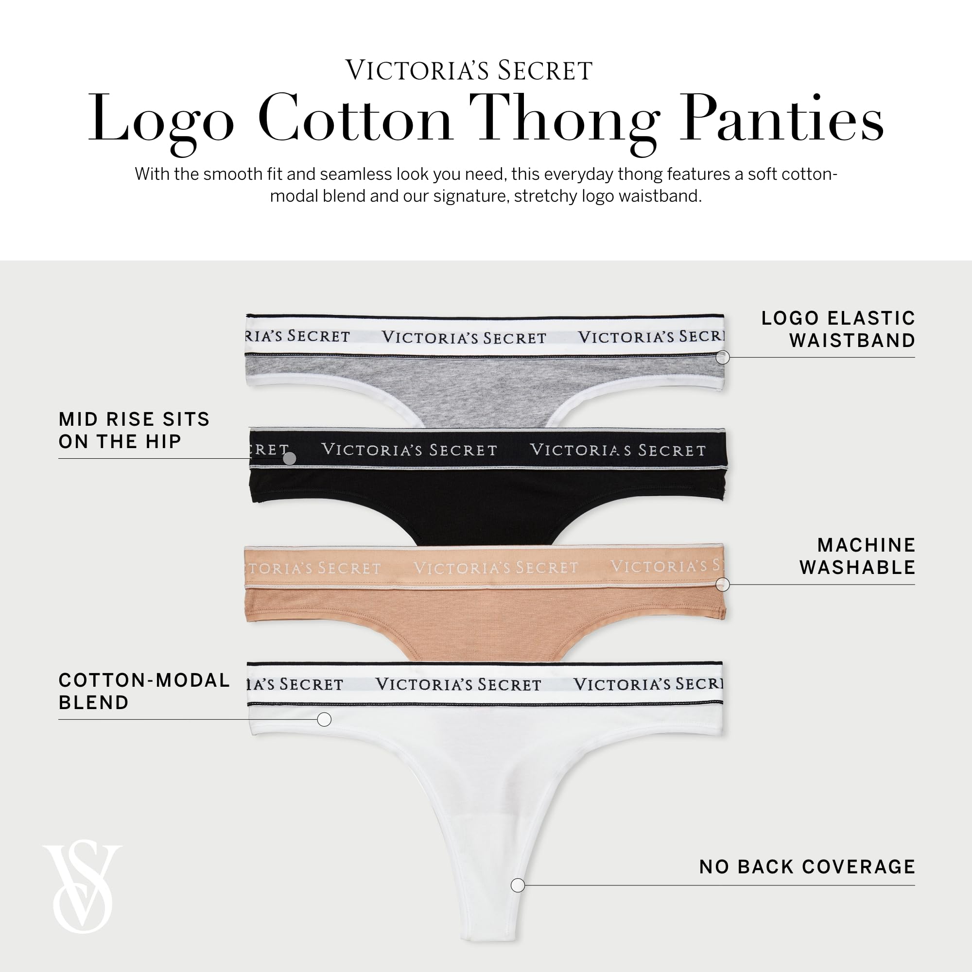 Victoria's Secret Cotton Logo Thong Panty Pack, Underwear for Women, 4 Pack, Black (S)