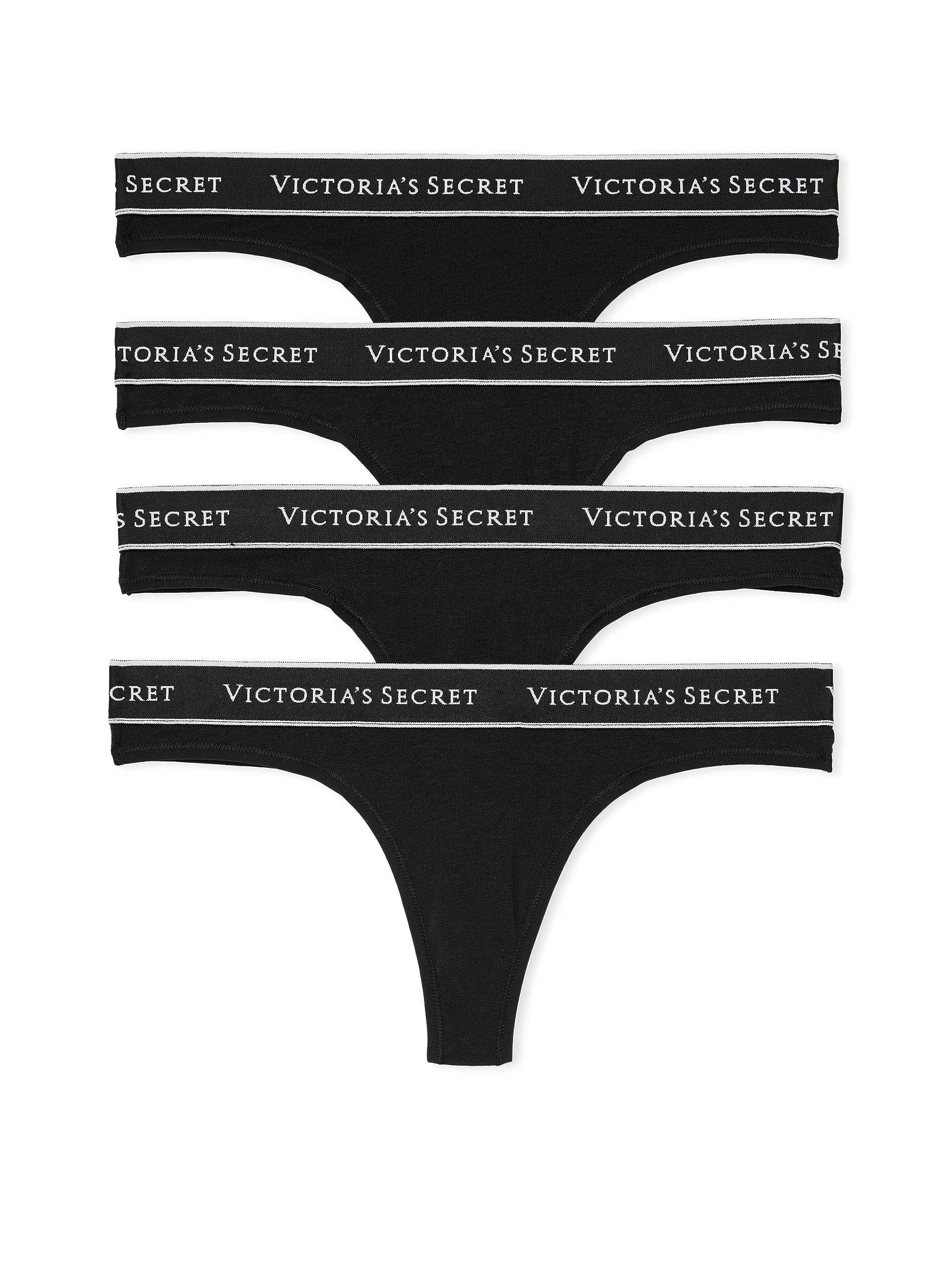 Victoria's Secret Cotton Logo Thong Panty Pack, Underwear for Women, 4 Pack, Black (S)