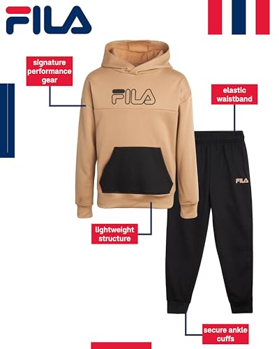 Fila Boys' Sweatsuit Set - 2 Piece Active Hoodie Sweatshirt and Jogger Sweatpants - Performance Activewear Set for Boys, 8-12, Size 8, Tan