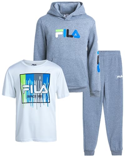 Fila Boys' Active Sweatsuit Set - 3 Piece Performance Hoodie Sweatshirt, Jogger Sweatpants, T-Shirt - Activewear Set (8-12), Size 10, Heather Grey