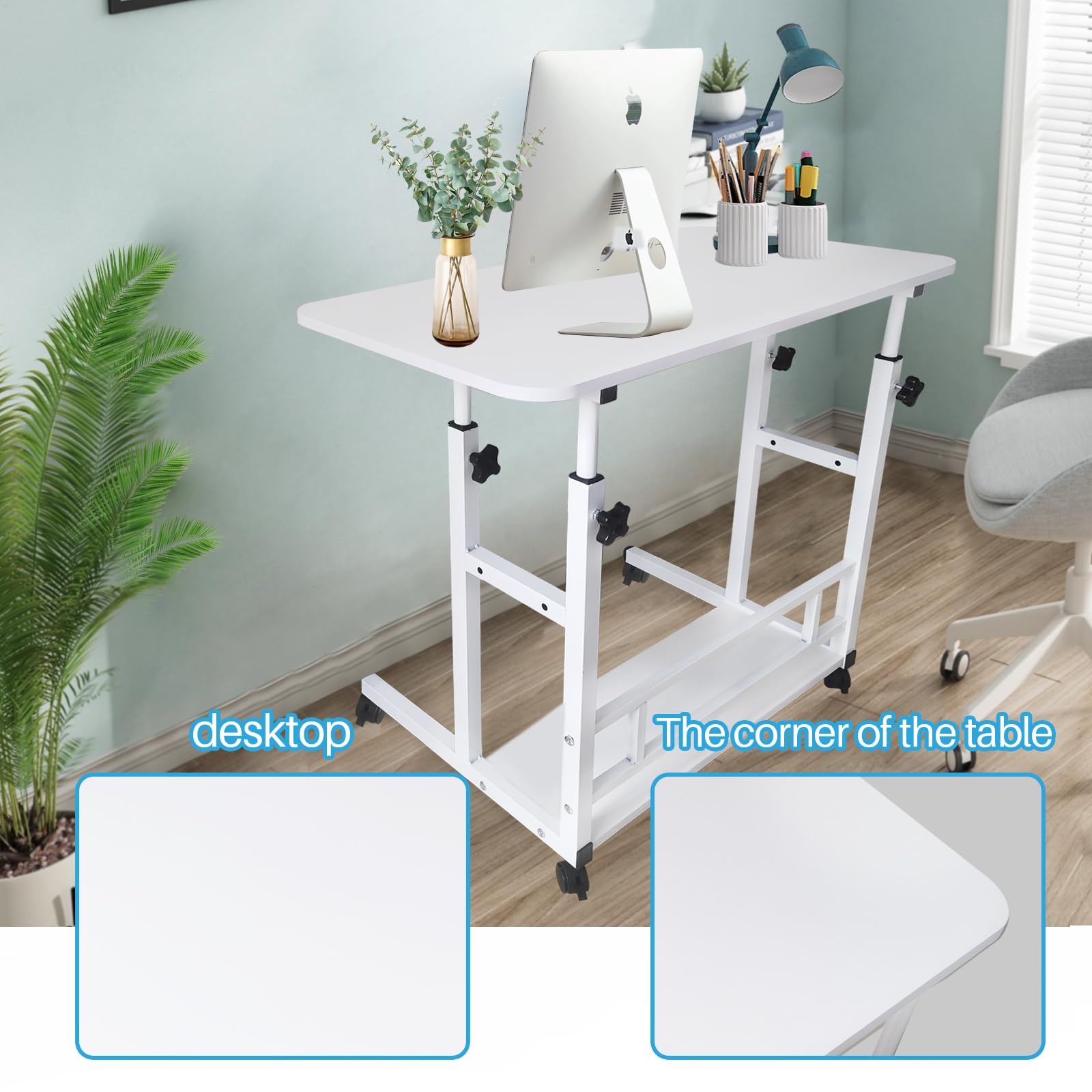 BEFOCL 31.5 Inches Mobile Home Office Desk, Adjustable Height Computer Desk, Double Support Bar Reinforced Design Single Small Desk,Children's Study Table(31.5in, White)