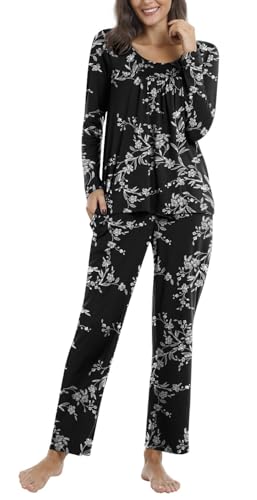 POPYOUNG Women's pyjamas set, Fall Winter lounge sets for women 2 piece Sleepwear Long Sleeve With Pockets Ladies Pjs Set L, White FL Carvings
