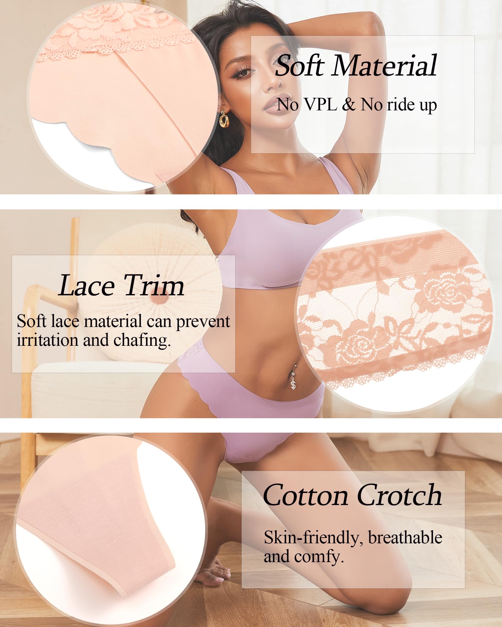 FINETOO Seamless Thongs for Women Low Rise Lace Wavy Sides Thong Sexy No Show Panties Womens Underwear S-XL 6 Pack