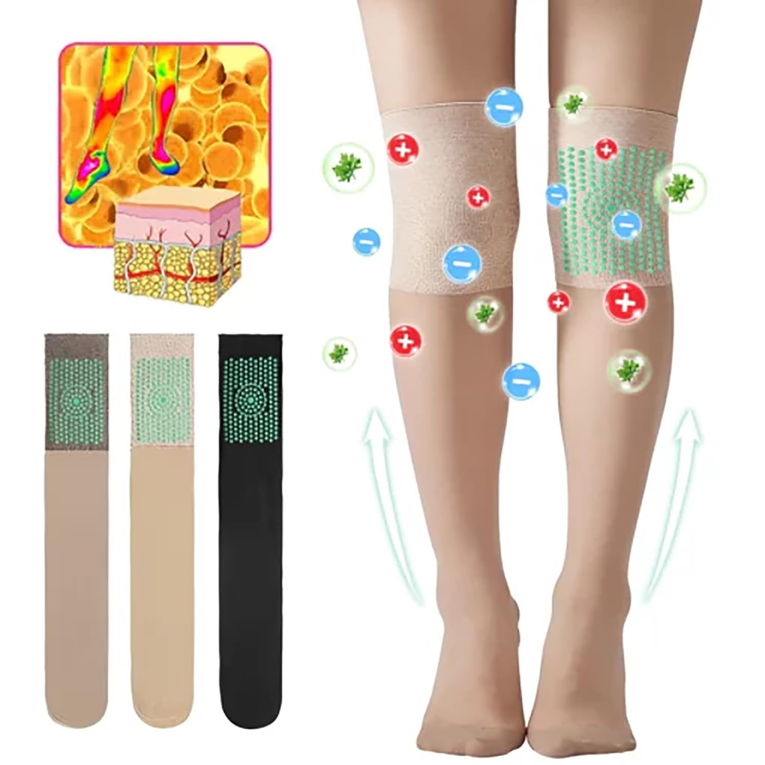 Ionic Correction Lymphatic Detoxification Long Tube Silk Stockings, Thigh Massager Socks, Compression Boots Socks (3pairs (Skin Color, Black, Brown))