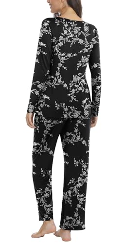 POPYOUNG Women's pyjamas set, Fall Winter lounge sets for women 2 piece Sleepwear Long Sleeve With Pockets Ladies Pjs Set L, White FL Carvings