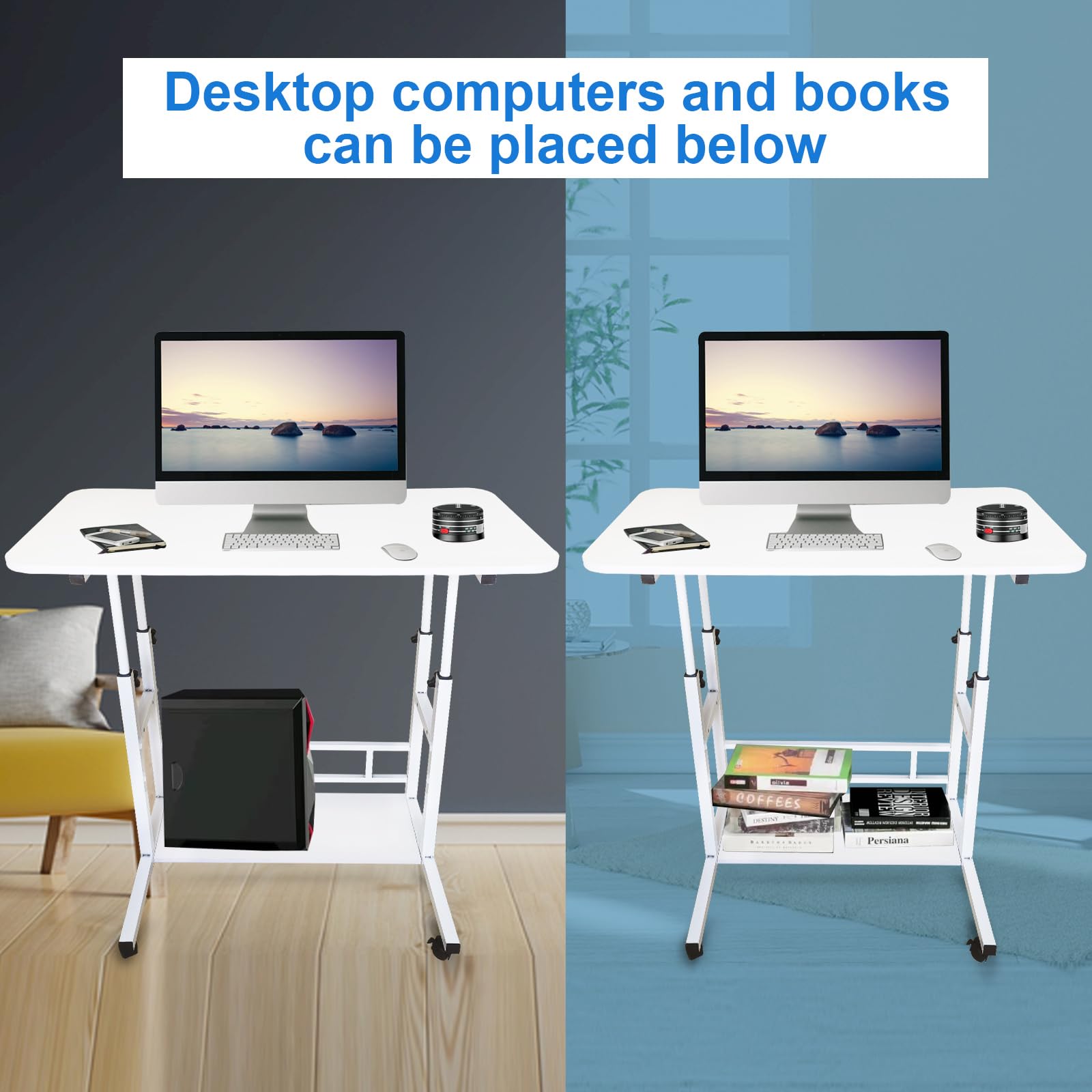BEFOCL 31.5 Inches Mobile Home Office Desk, Adjustable Height Computer Desk, Double Support Bar Reinforced Design Single Small Desk,Children's Study Table(31.5in, White)